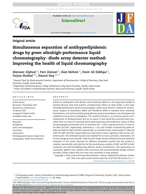 Pdf Simultaneous Separation Of Antihyperlipidemic Drugs By Green Ultrahigh Performance Liquid