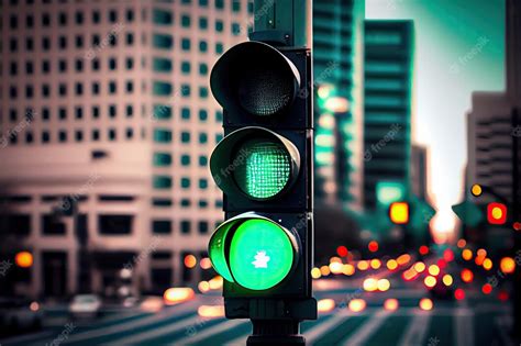 도시 경관의 흐릿한 배경에 녹색 신호등 프리미엄 사진