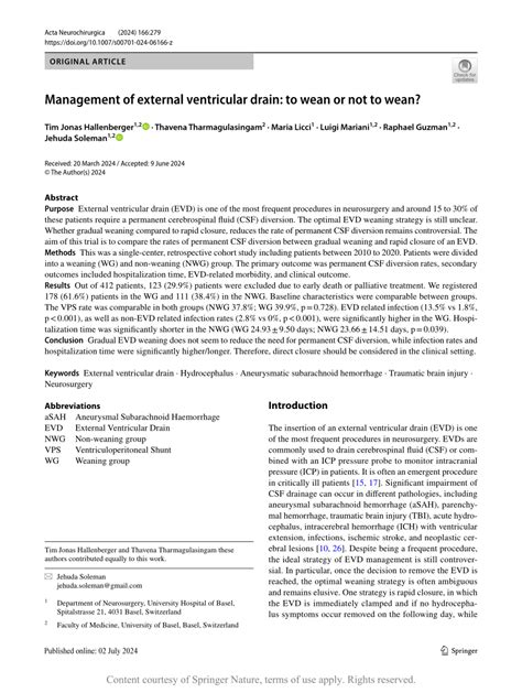 Pdf Management Of External Ventricular Drain To Wean Or Not To Wean