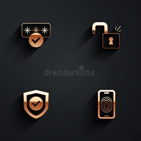 Set Password Protection Open Padlock Shield With Check Mark And Mobile Fingerprint Scanner