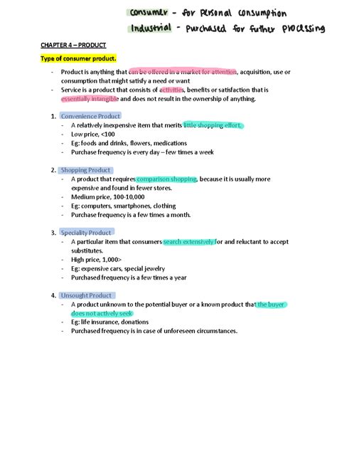 MKT SUMARY NOTES CHAPTER 4 7 THEORY CHAPTER 4 PRODUCT Type Of
