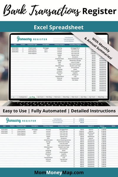 Bank Transactions Register Excel Spreadsheet Mom Money Map