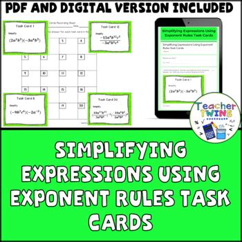 Simplifying Expressions Using Exponent Rules Task Cards By Teacher Twins