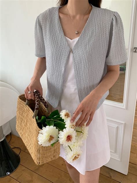 라모드앤제이 쿠폰 무료배송 무이네 원버튼 볼레로자켓 버블 반팔 가디건 엠보싱 썸머 퍼프소매 여름하객룩 데이트룩 4color