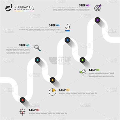 信息图表设计模板。时间轴概念有6个步骤