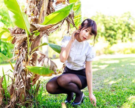 4k Asian Bokeh Brunette Girl Grass Pose Hands Blouse Skirt