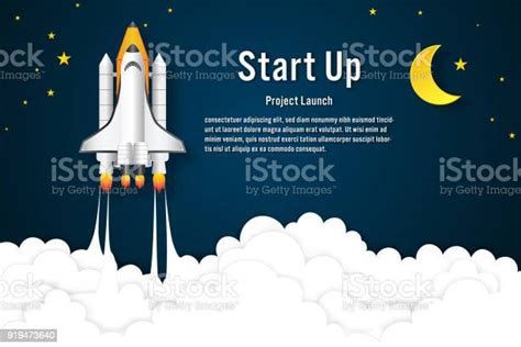 화이트 로켓 발사 비행 반달 구름과 별 종이 예술과 공예 스타일 컨셉으로 밤에 벡터 일러스트 레이 터 개념에 대한 스톡 벡터 아트 및 기타 이미지 Istock