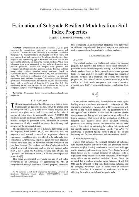 Pdf Estimation Of Subgrade Resilient Modulus From Soil Index Properties Pdf Estimation Of Subgrade Resilient Modulus From Soil Index Properties