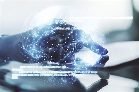 Double Exposition Dun Hologramme De Langage De Programmation Abstrait Avec Carte Du Monde Et