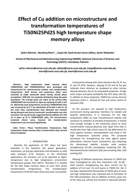 Pdf Effect Of Cu Addition On Microstructure And Transformation Temperatures Of Ti50ni25pd25