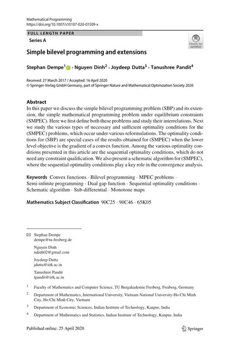 Pdf Simple Bilevel Programming And Extensions