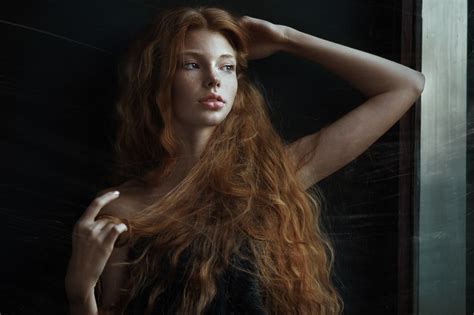 Women Model Redhead Long Hair Freckles Wavy Hair Looking Away