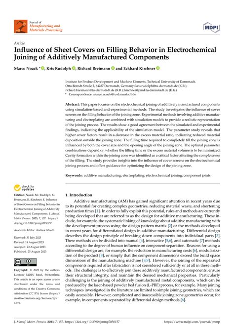 Pdf Influence Of Sheet Covers On Filling Behavior In Electrochemical Joining Of Additively