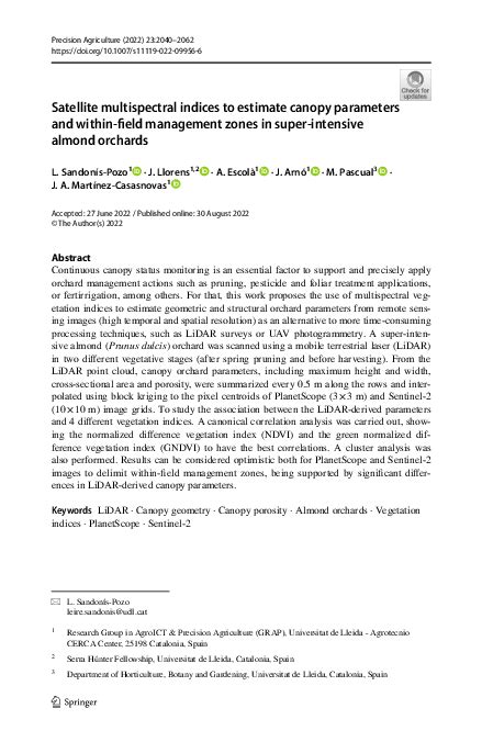Pdf Satellite Multispectral Indices To Estimate Canopy Parameters And Within Field Management