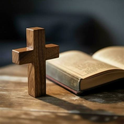 Close Up Of A Holy Bible And Christian Cross On Wooden Table Happy