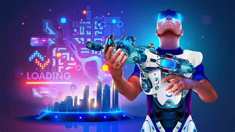 가상 현실에서 총을 가진 컴퓨터 플레이어 레벨의지도와 Vr 온라인 게임 인터페이스 플레이어는 Vr 슈팅 게임에서 플레이 할 준비가되었습니다 컴퓨터 비디오 게이머의 가상 현실