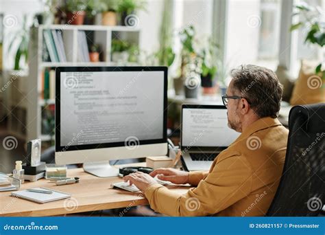 Side View Of Mature Confident Businessman Decoding Data On Computer Screen Stock Image Image