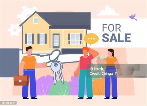 부동산 딜러 구매 또는 아파트 개념을 판매 한 무리의 사람들이 큰 손에 집 근처에 서 있었다 개념에 대한 스톡 벡터 아트 및 기타 이미지 Istock