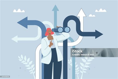 올바른 경로 찾기 비즈니스 기회 또는 성공에 대한 올바른 경로 의사 결정 또는 비즈니스 목적지 선택 쌍안경을 사용하여 올바른 경로를 찾는 사업가 벡터 디자인 개념에 대한