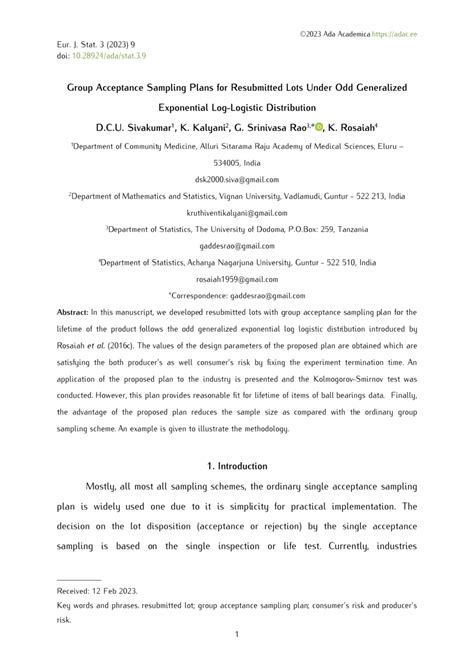 Pdf Group Acceptance Sampling Plans For Resubmitted Lots Under Odd Generalized Exponential Log