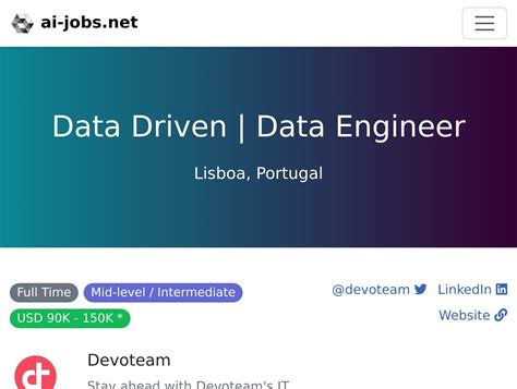 Hiring Data Driven Data Engineer In Lisboa Portugal Raimljobs