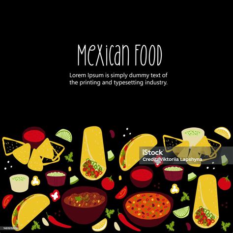 멕시코 음식 삽화 타코 부리토 칠리 콘 카르네 나초 검은 바탕에 과카몰리 개념에 대한 스톡 벡터 아트 및 기타 이미지 개념 개체 그룹 검은색 Istock