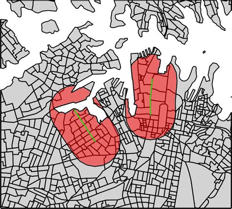 An 800 Metre Catchment Area Red Associated With A Cycle Path Green