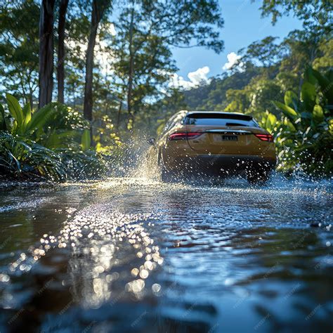 Sports Car Driving Through A Wet Street Reflecting Sunset Light With
