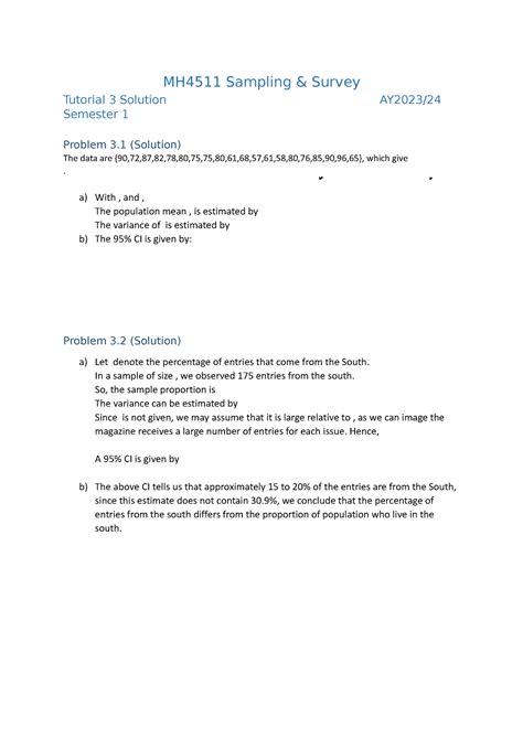 Mh4511 Tutorial 03 Solution Mh4511 Sampling And Survey Tutorial 3 Solution Ay2023 Semester 1