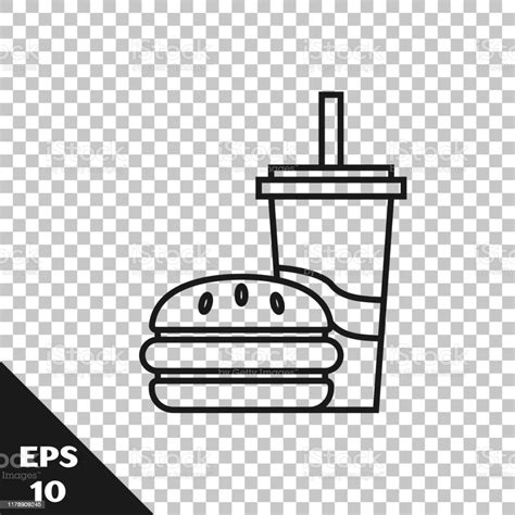 투명 한 배경에 격리 된 빨대와 햄버거 아이콘을 마시는 검은 선 종이 유리 소다 아쿠아 음료 표지판 햄버거 치즈 버거 샌드위치 벡터 일러스트레이션 0명에 대한 스톡 벡터