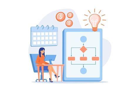 팀워크 프로젝트에서 일하는 동료 시작 시작 비즈니스 프로세스 관리 프리미엄 벡터