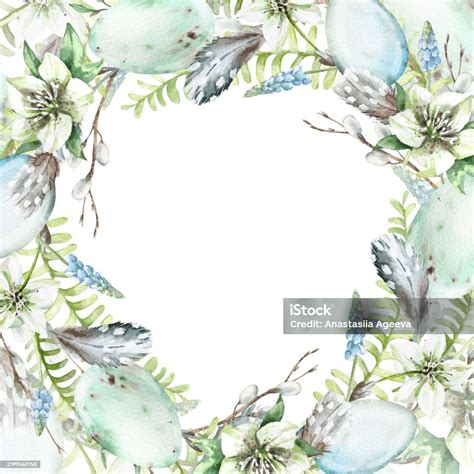 양치류 잎 달걀 깃털 나뭇 가지 버드 나무 가지 및 흰색 Hellebore 꽃의 부활절 프레임 흰색 배경에 고립 된 수채화로 그린 템플릿 손 부활절 장식을 위한 요소 갈색에