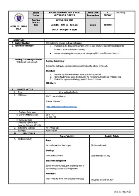 Lesson Plan On Active Vs Inactive Faults SCI 8 Studocu