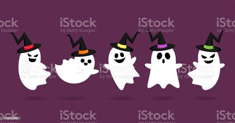 귀여운 유령과 함께 해피 할로윈 파티 인사말 카드 휴일 만화 캐릭터입니다 귀여운 으스스한 유령 마녀 모자를 쓴 으스스한 유령 10월에 대한 스톡 벡터 아트 및 기타 이미지