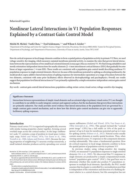 Pdf Nonlinear Lateral Interactions In V1 Population Responses