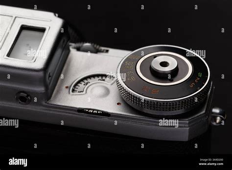 Close Up Of Shutter Speed Dial Frame Counter And Exposure Meter Window Of An Old Camera Stock