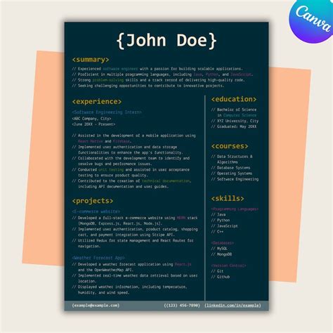 Code Editor Style Resume Template Dark Theme Modern And Professional Design Canva Resume