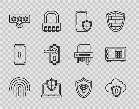 Set Line Fingerprint Cloud And Shield Smartphone With Security Laptop Protected Password