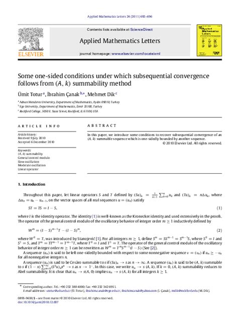 Pdf Some One Sided Conditions Under Which Subsequential Convergence Follows From A K