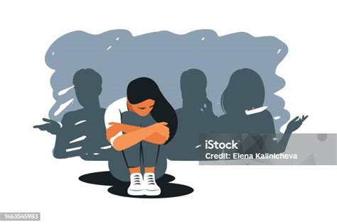 사회 공포증 불안 장애 슬픈 여자는 군중 속에서 외로움과 고독으로 고군분투합니다 왕 따 벡터 그림입니다 수줍어하는에 대한 스톡