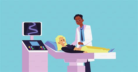 흑인 의사는 침대에 누워 있는 백인 금발 여성을 위해 복부 초음파 진단을 합니다 초음파 검사 기계 의료 기술 장치 의사