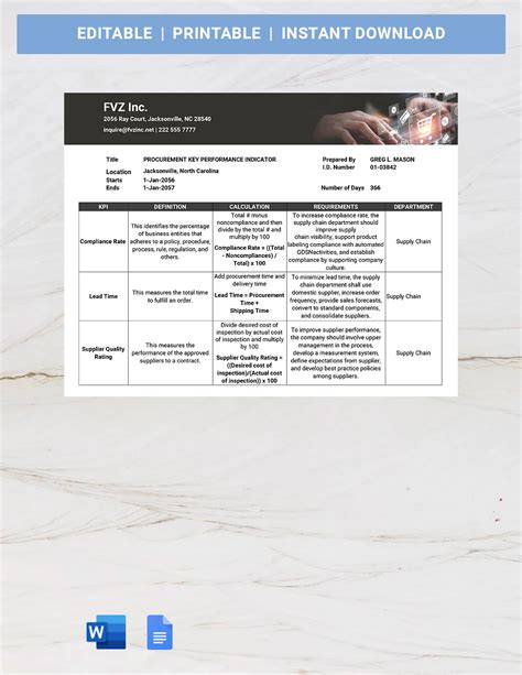 Procurement KPI Template Google Docs Word Template Net