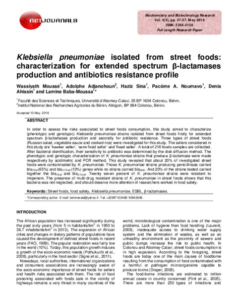 Pdf Klebsiella Pneumoniae Isolated From Street Foods