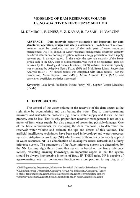 Pdf Modeling Of Dam Reservoir Volume Using Adaptive Neuro Fuzzy Method