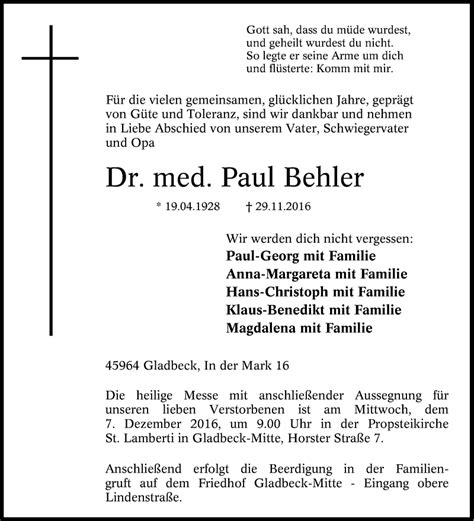 Traueranzeigen Von Paul Behler Trauer In Nrwde
