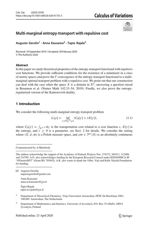Pdf Multi Marginal Entropy Transport With Repulsive Cost