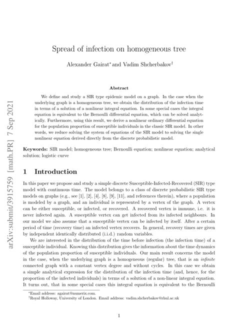 Pdf Spread Of Infection On Homogeneous Tree