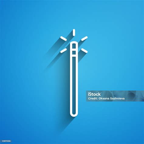 파란색 배경에 격리 된 흰색 선 매직 지팡이 아이콘입니다 스타 모양 마법 액세서리입니다 마법의 힘 긴 그림자 벡터 일러스트레이션 개념에 대한 스톡 벡터 아트 및 기타 이미지