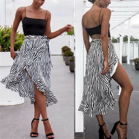 Женская летняя юбка средней длины с высокой талией и разрезом в полоску зебры Длинные
