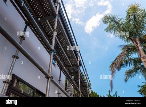 Modern House Construction With Scaffold Pole Platform New Build Domestic Building Steel